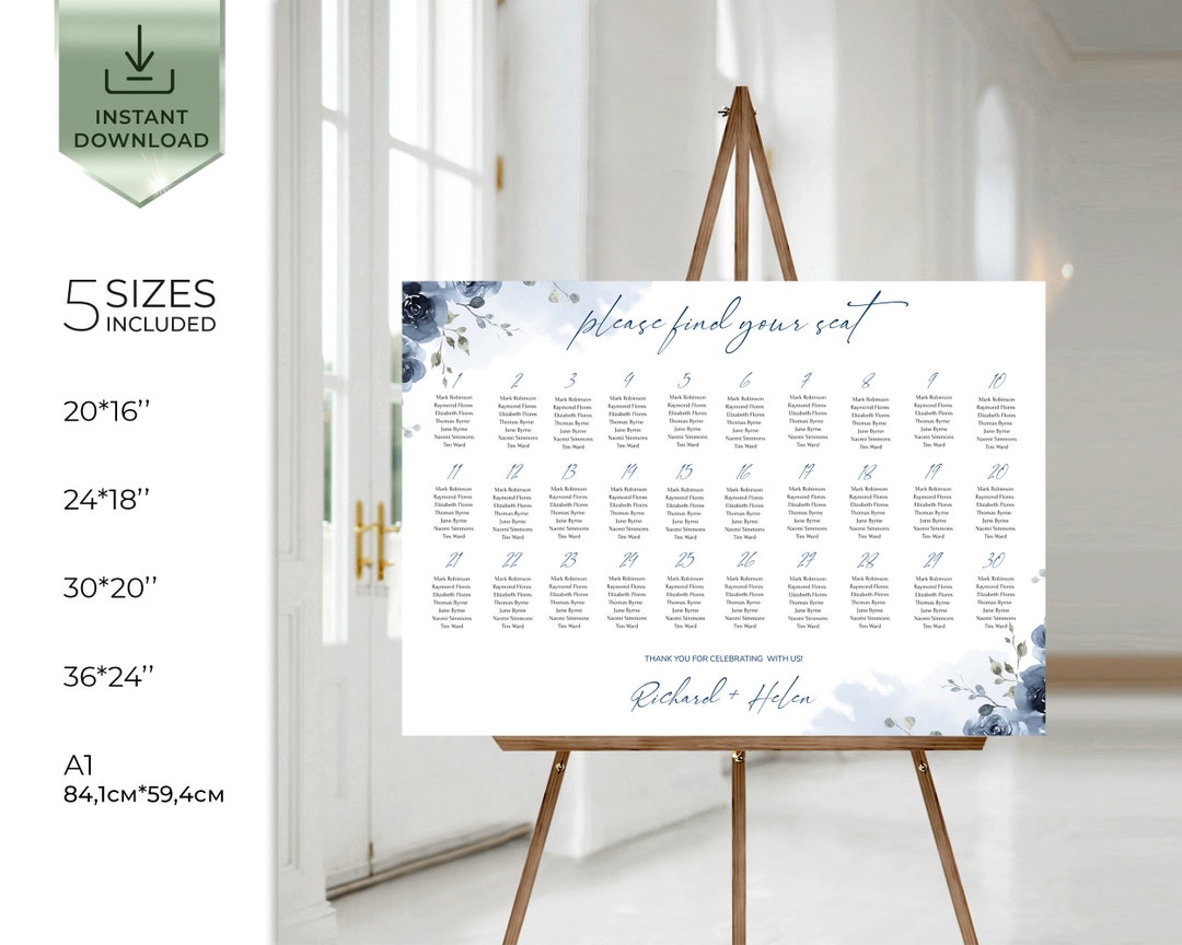 SKYLA Dusty Blue Seat Chart Template, Blue Navy Floral Wedding Seating ...