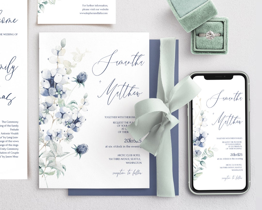 BLUEBERRY Wedding Invitation Template Set With Light Blue Flowers ...