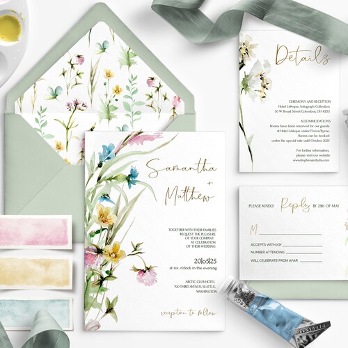 Wildflowers Wedding Invitation Set Template Wildflowers - Etsy