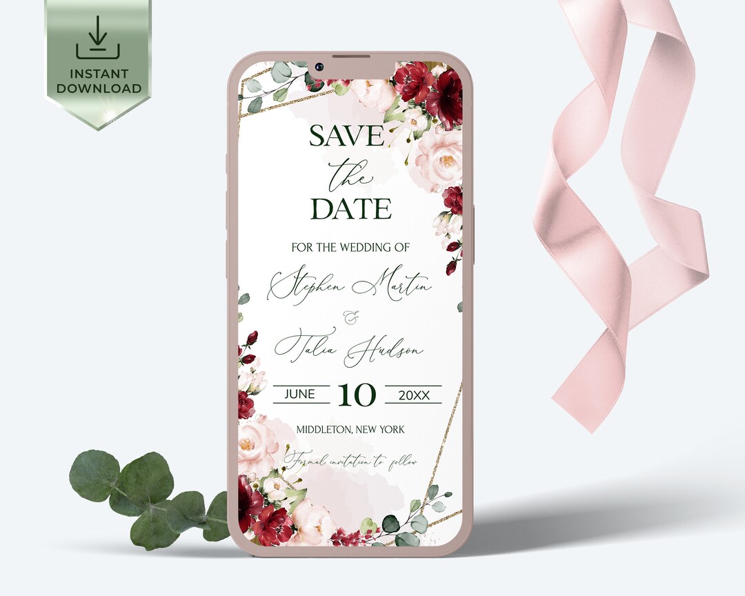 ARLETH Burgundy & Blush Pink Flowers Electronic Save the Date Template ...