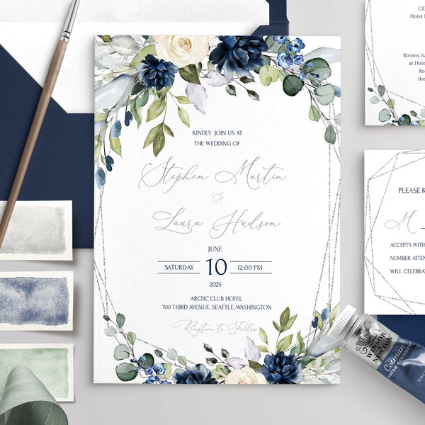 Navy Blue and Silver Wedding Invitations - Etsy