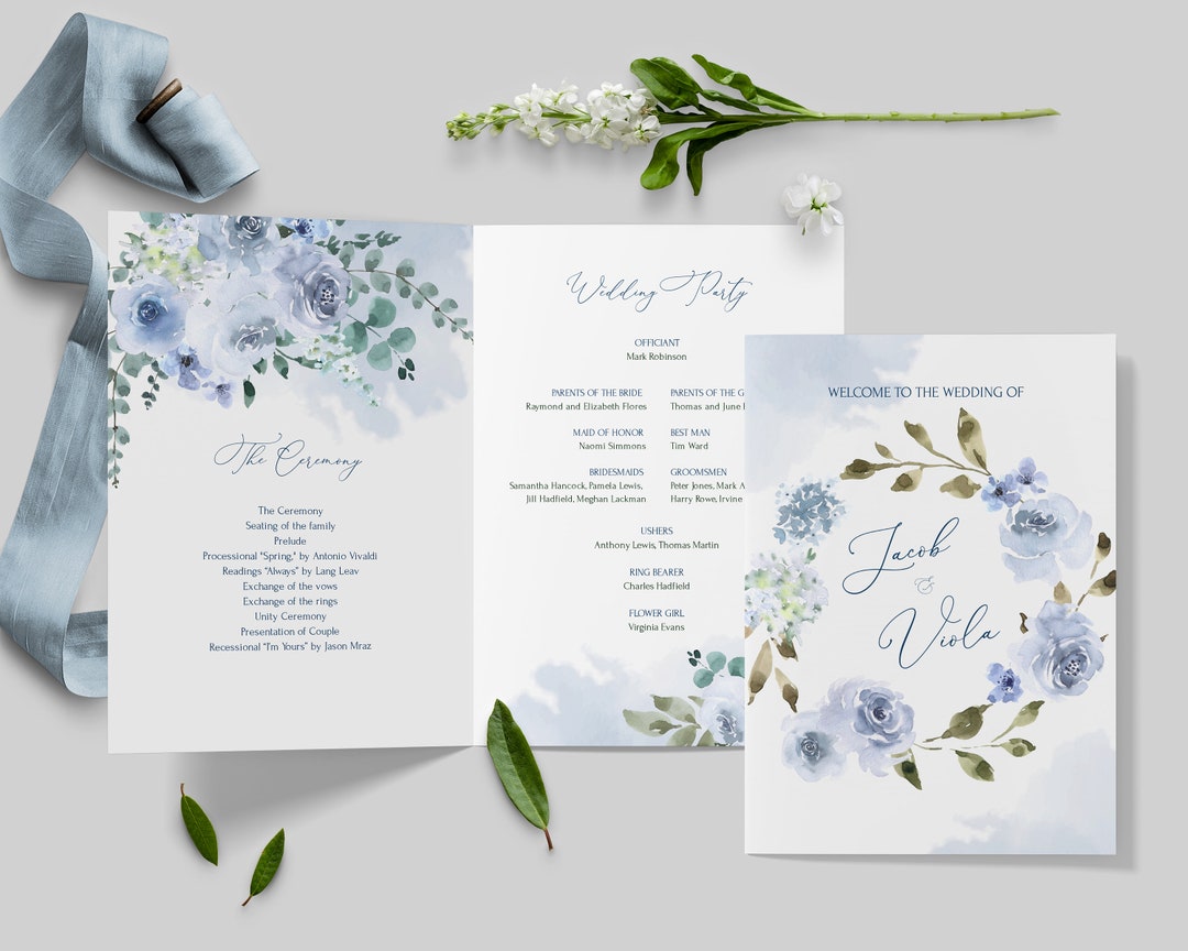 ELIA Light Blue Wedding Program Template, Folded Wedding Program, Blue ...