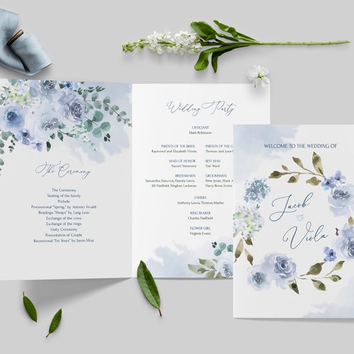 Dusty Blue Wedding Program Template Folded Wedding Ceremony - Etsy