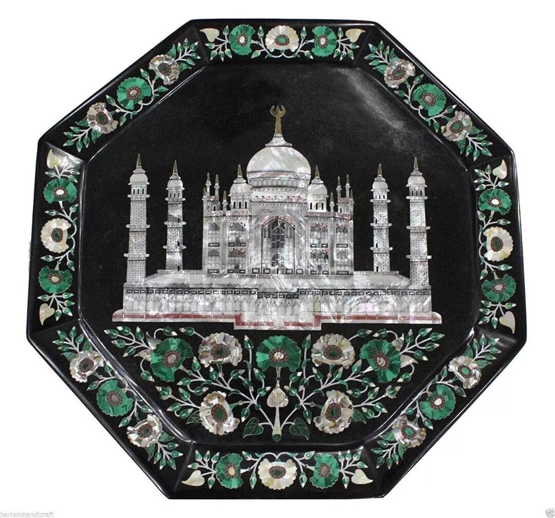 24" Black Marble Inlay Tabletop – Taj Mahal Design With Mother of Pearl ...