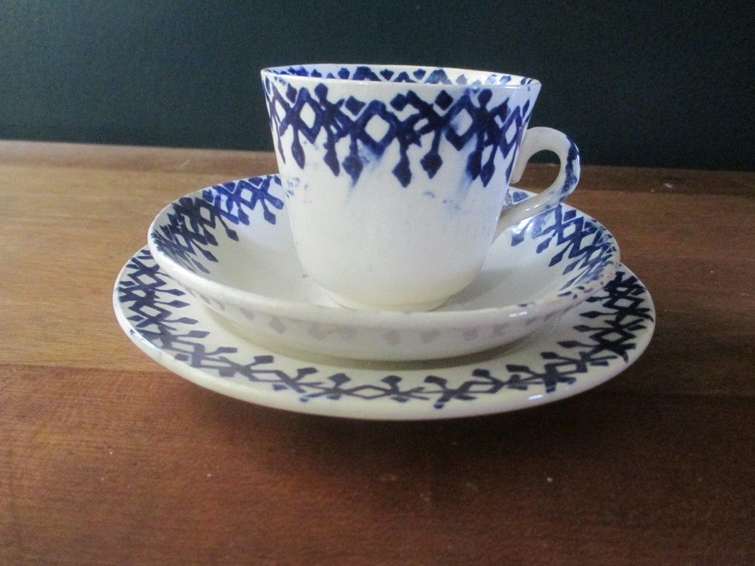 Antique Tea Cup With Bowl Saucer and Plate Sponge Ware Stick Spatter ...