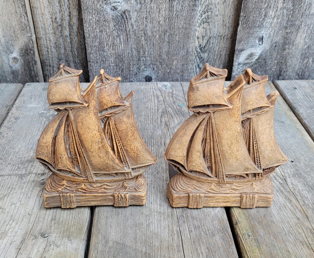 Vintage Faux Wood Sailing Ship Bookends - Nautical - Beach - History ...