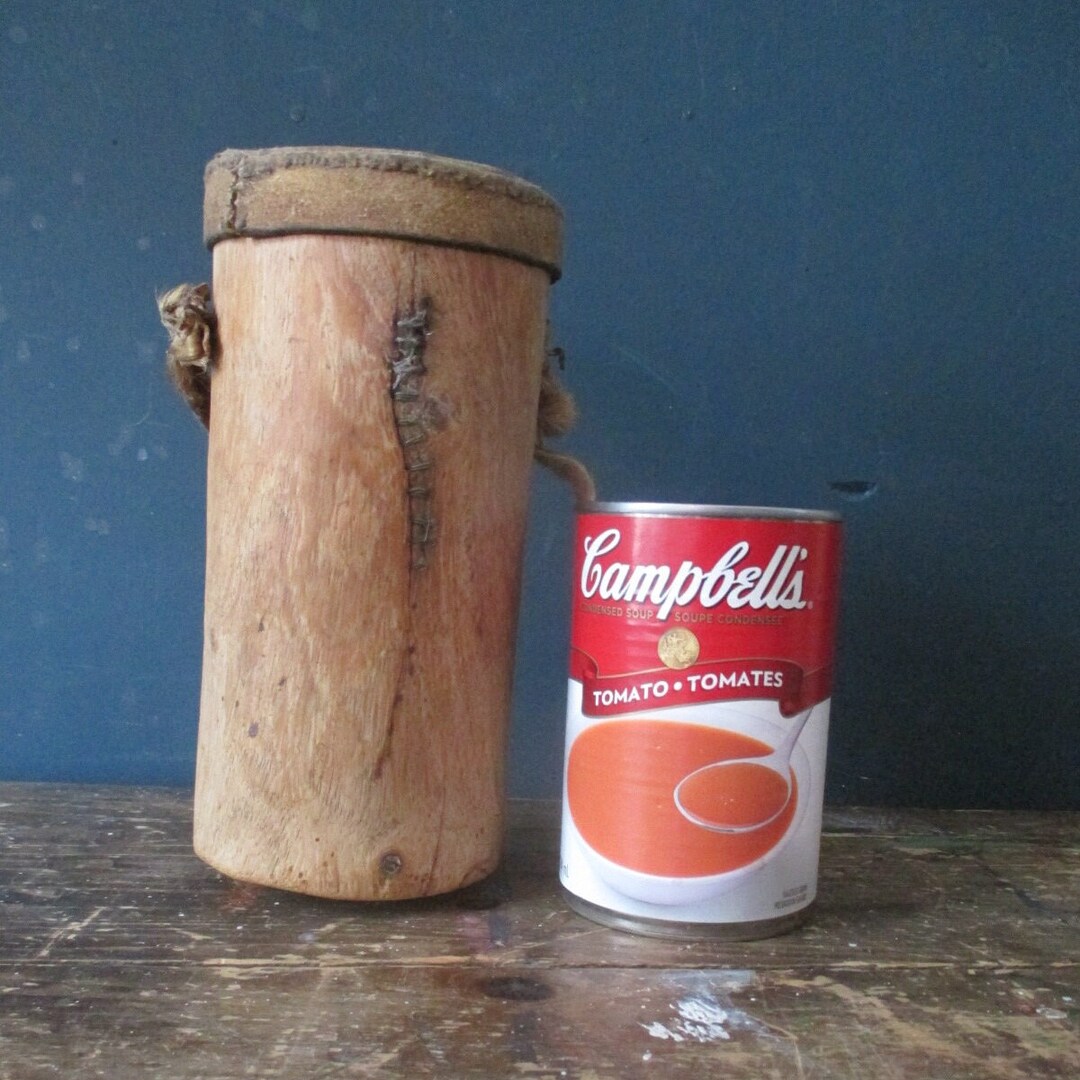 Primitive Hand Carved Wooden Canister With Leather Lid and Hide Strap ...