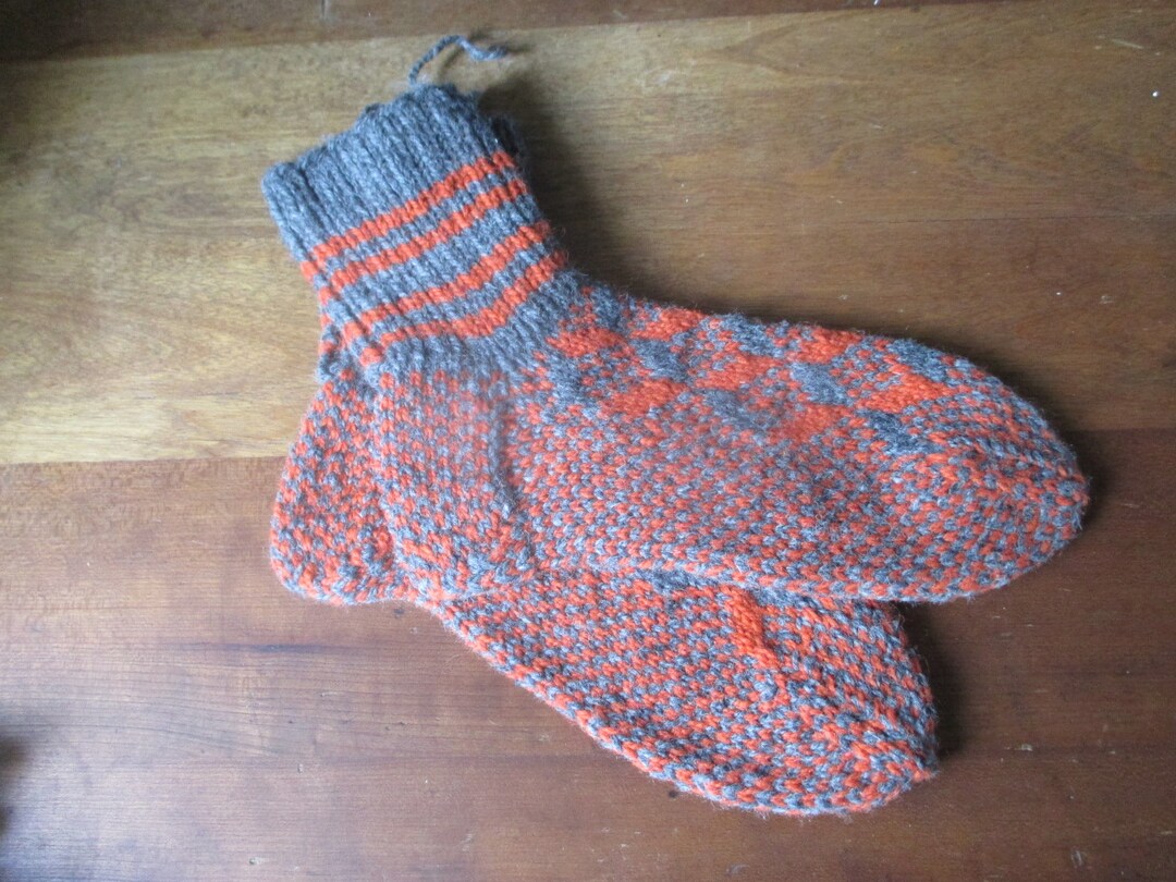 Hand-knit Warm Socks Slippers From Newfoundland Orange and Grey Super ...