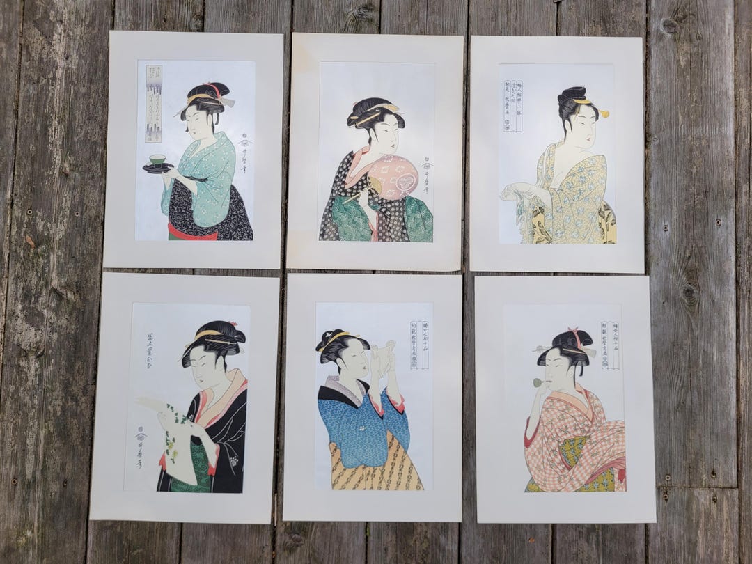 Vintage 1960s Portfolio of 6 Utamaro Woodblock Prints Reproduced by Dai-ichi Kogei - Original ...