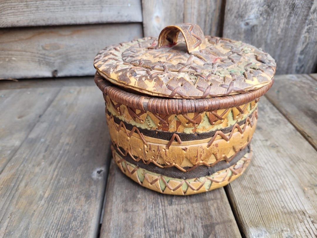 Vintage Cree Birch Bark Basket With Lid: Rustic First Nations Container ...