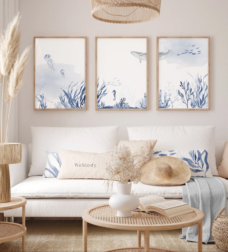 Ensemble de 3 affiches aquarelles fond marin, art murale bleu et blanc ...