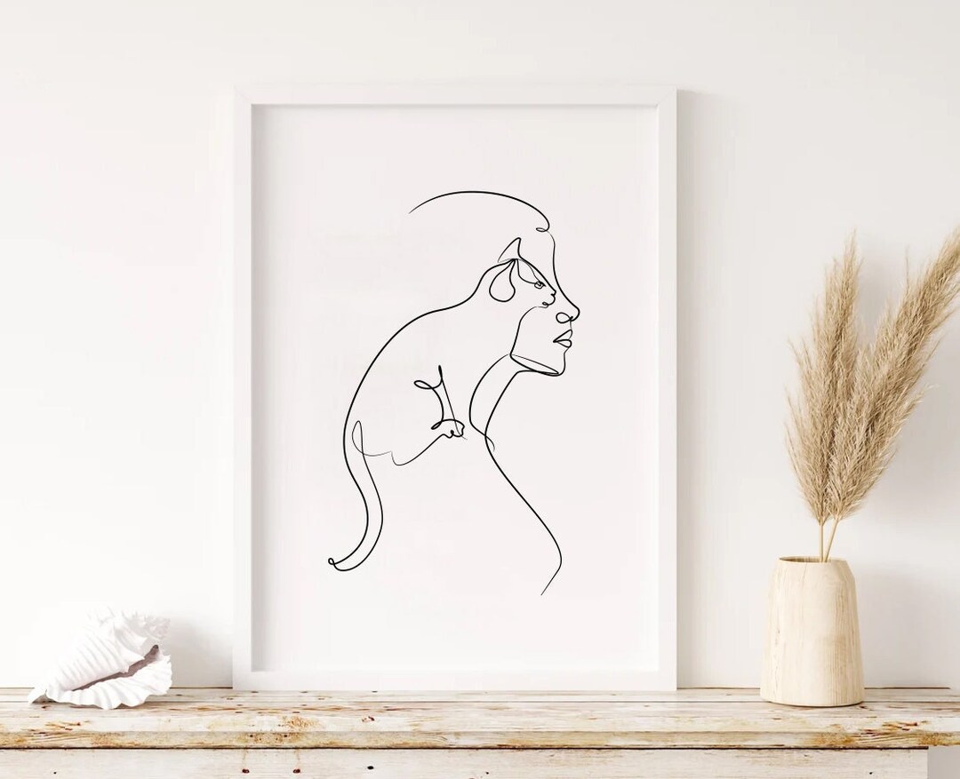 Poster Cat and His Mistress Accomplice, Minimalist Wall Decoration Line ...