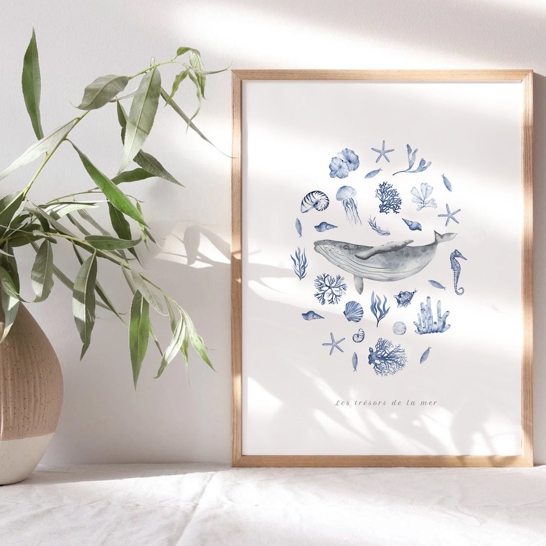 Watercolor Seabed Poster, Blue and White Wall Art, Seaside and Summer ...
