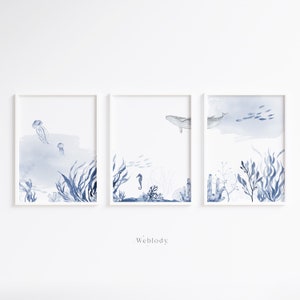 Ensemble de 3 affiches aquarelles fond marin, art murale bleu et blanc ...