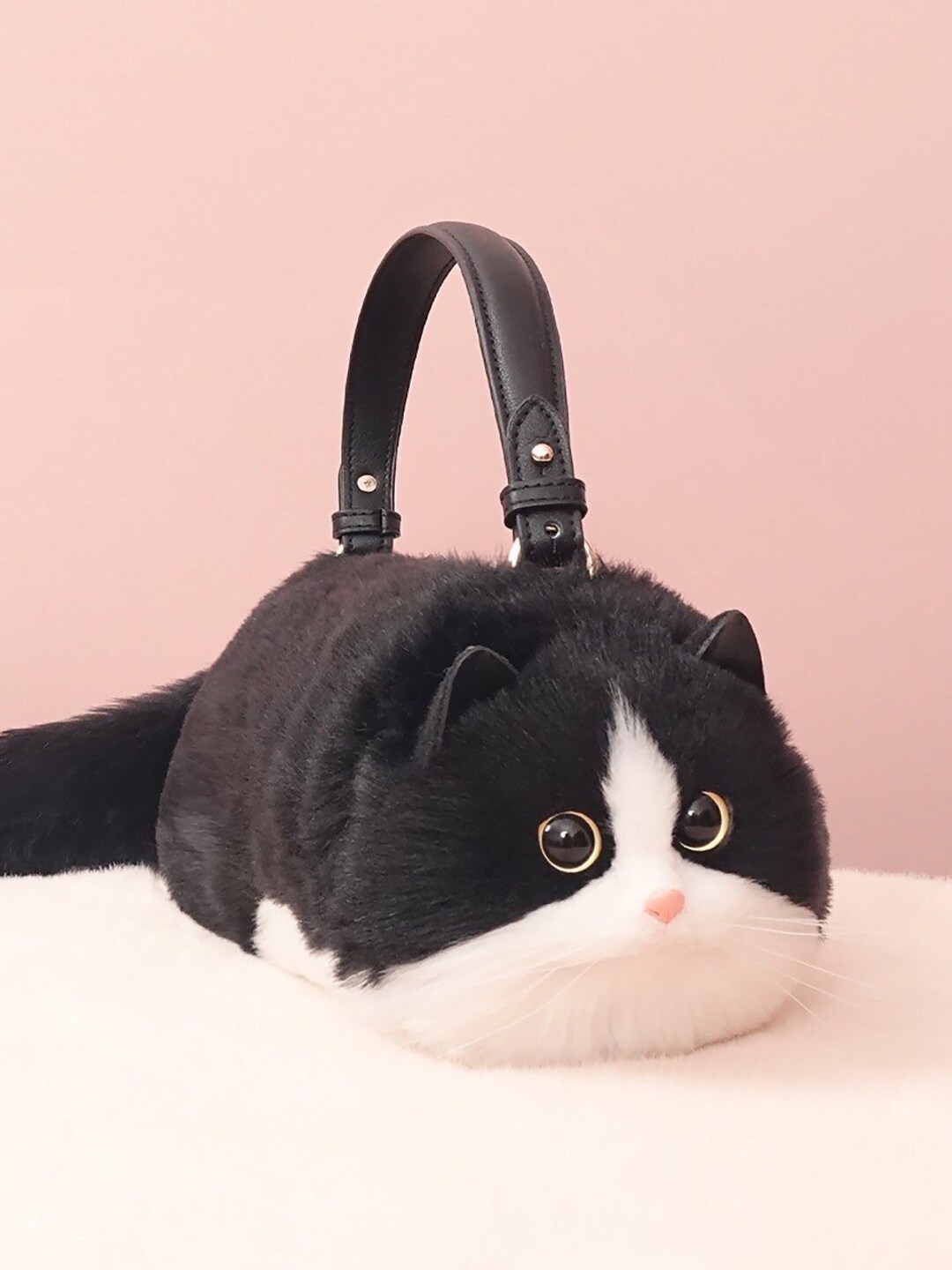 Realistic Plush Cat Tote Bag, Black and White Cat Handmade Bag Cute ...