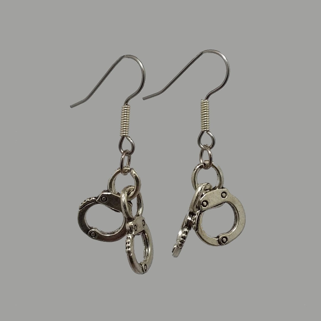 HANDCUFF Dangle Earrings CUTE Novelty 3D Tibetan Silver Charm Drop ...