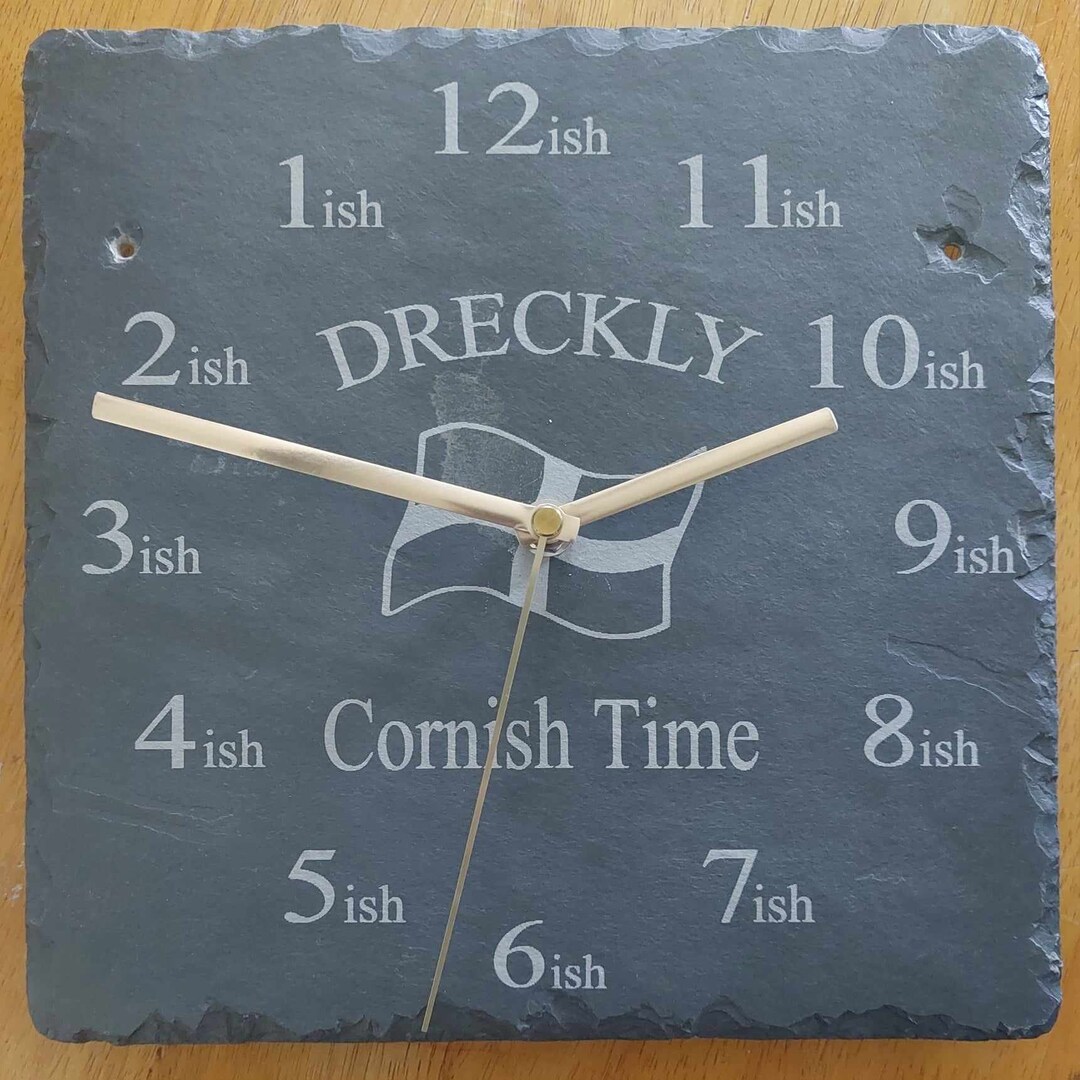 Backwards Slate Clock: Etched Cornish 'dreckly' Barbers Clock - Etsy UK