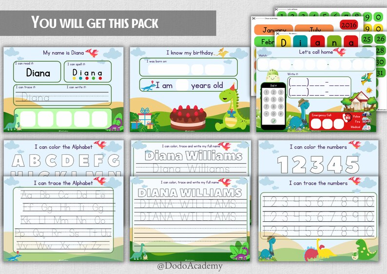 Custom Name Tracing Practice Dinosaur Birthday and Age Learning ...