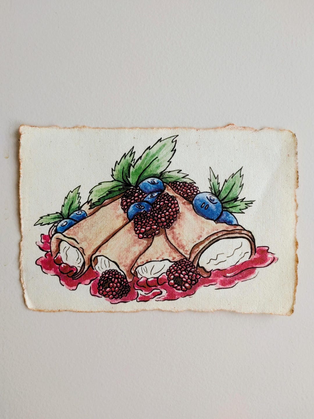Crepes and Berries Watercolor Print, Handmade Vintage Paper, Kitchen ...