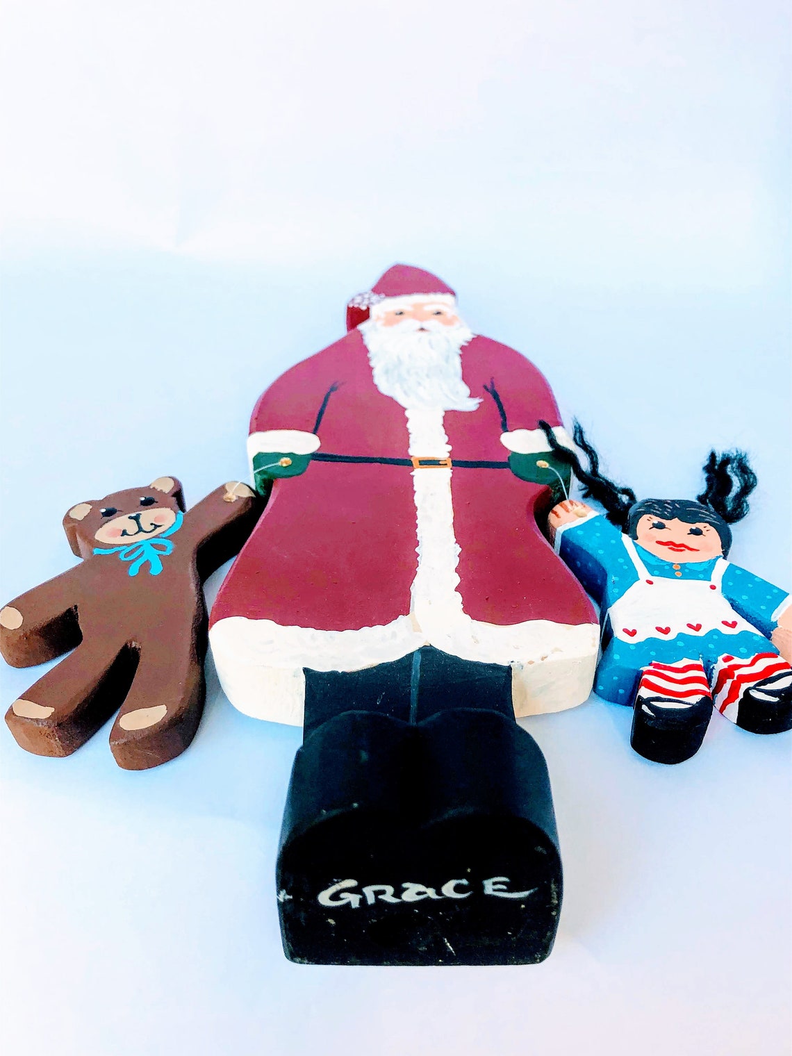 Tall Wooden Standing Santa Claus With Doll and Teddy Bear - Christmas ...