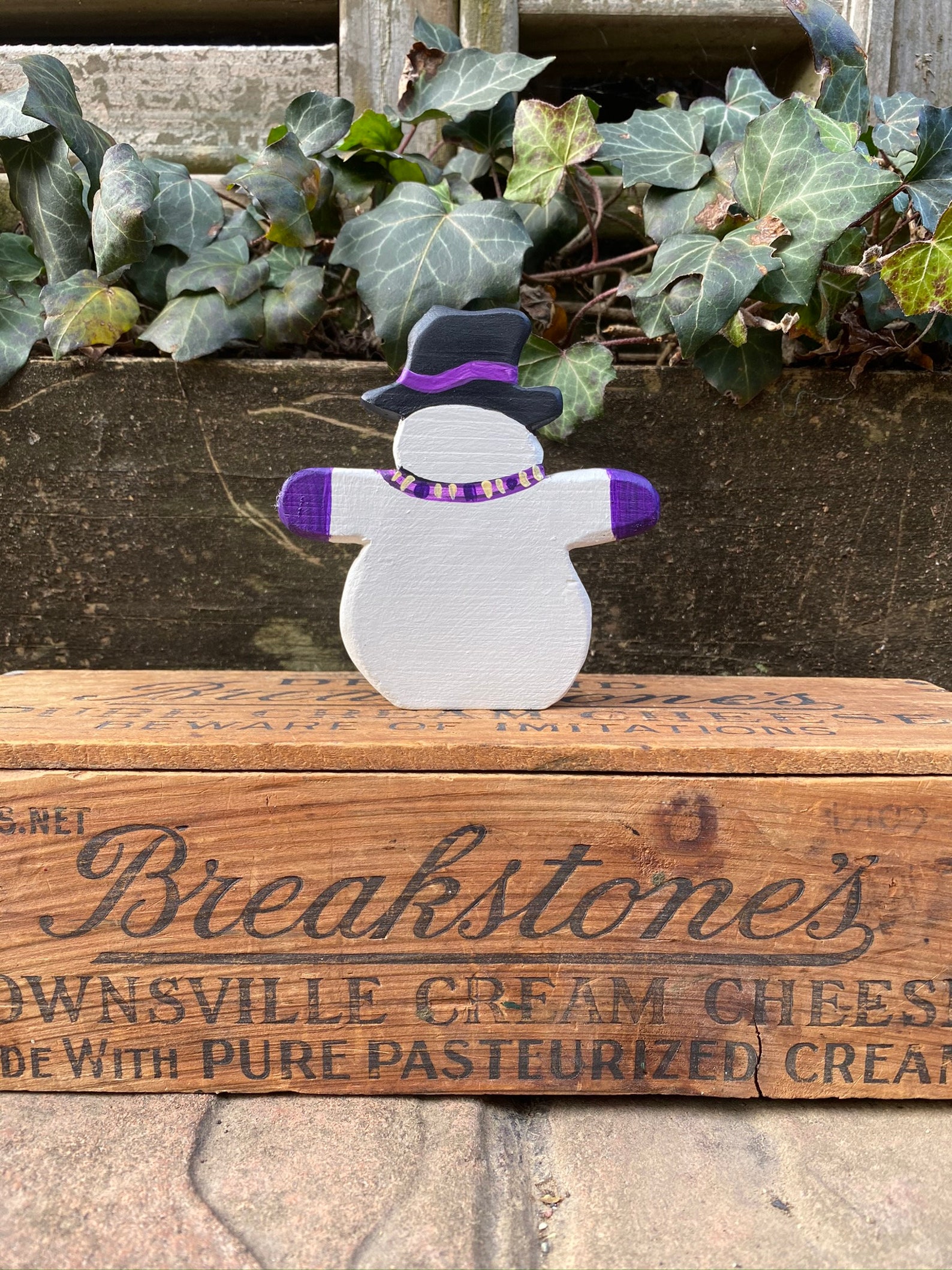 Wooden Holiday Snowman With Top Hat, Purple Mittens - Christmas ...