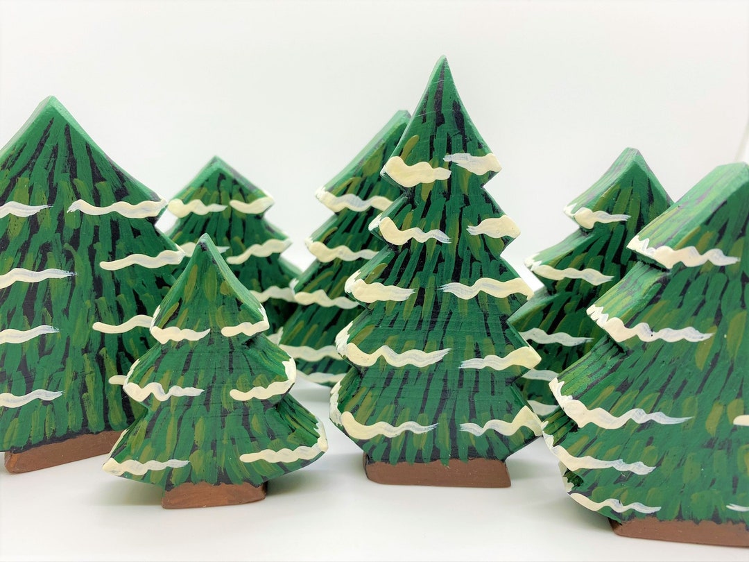 Small Wooden Snowy Standing Fir Trees - Christmas Decorations - Holiday ...