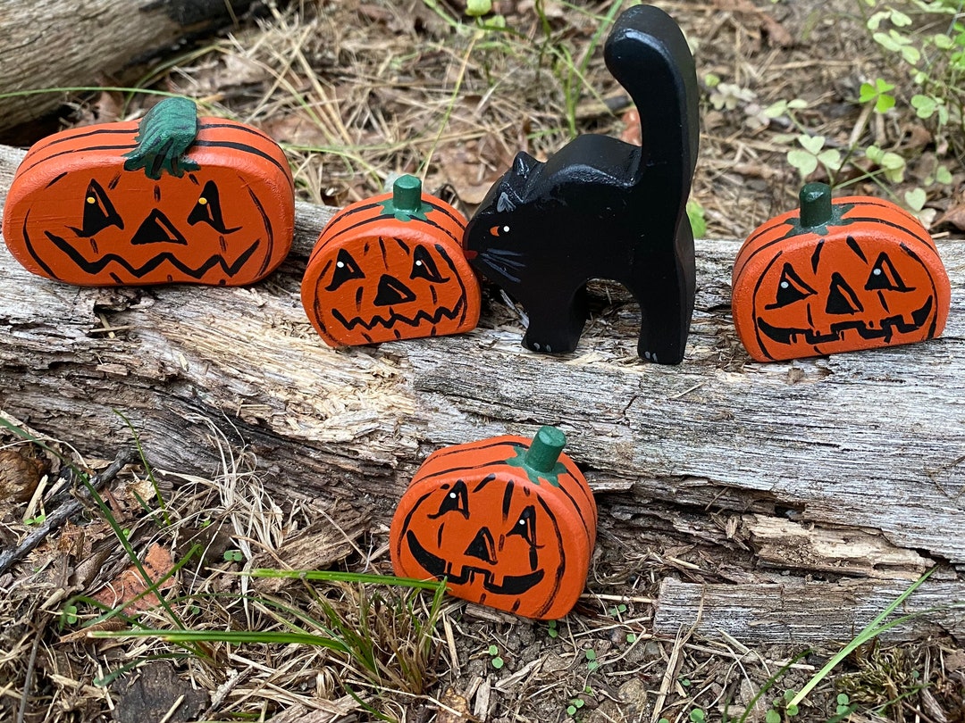 Black Cat and Jack-o-lantern Set - 4 Pumpkins - Halloween Decorations ...