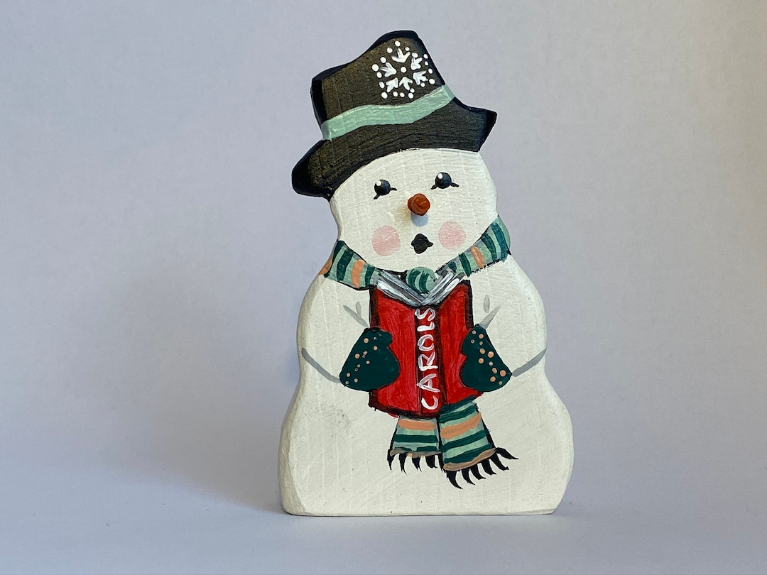 Wooden Caroling Snowman 3.75 Inch W/ Top Hat, Mittens, & Book of Carols ...