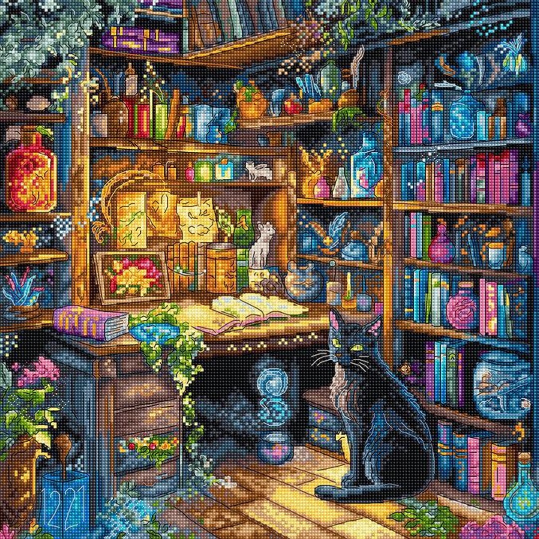 Charmed Library Counted Cross Stitch Kit – Magical Bookshelf Embroidery ...