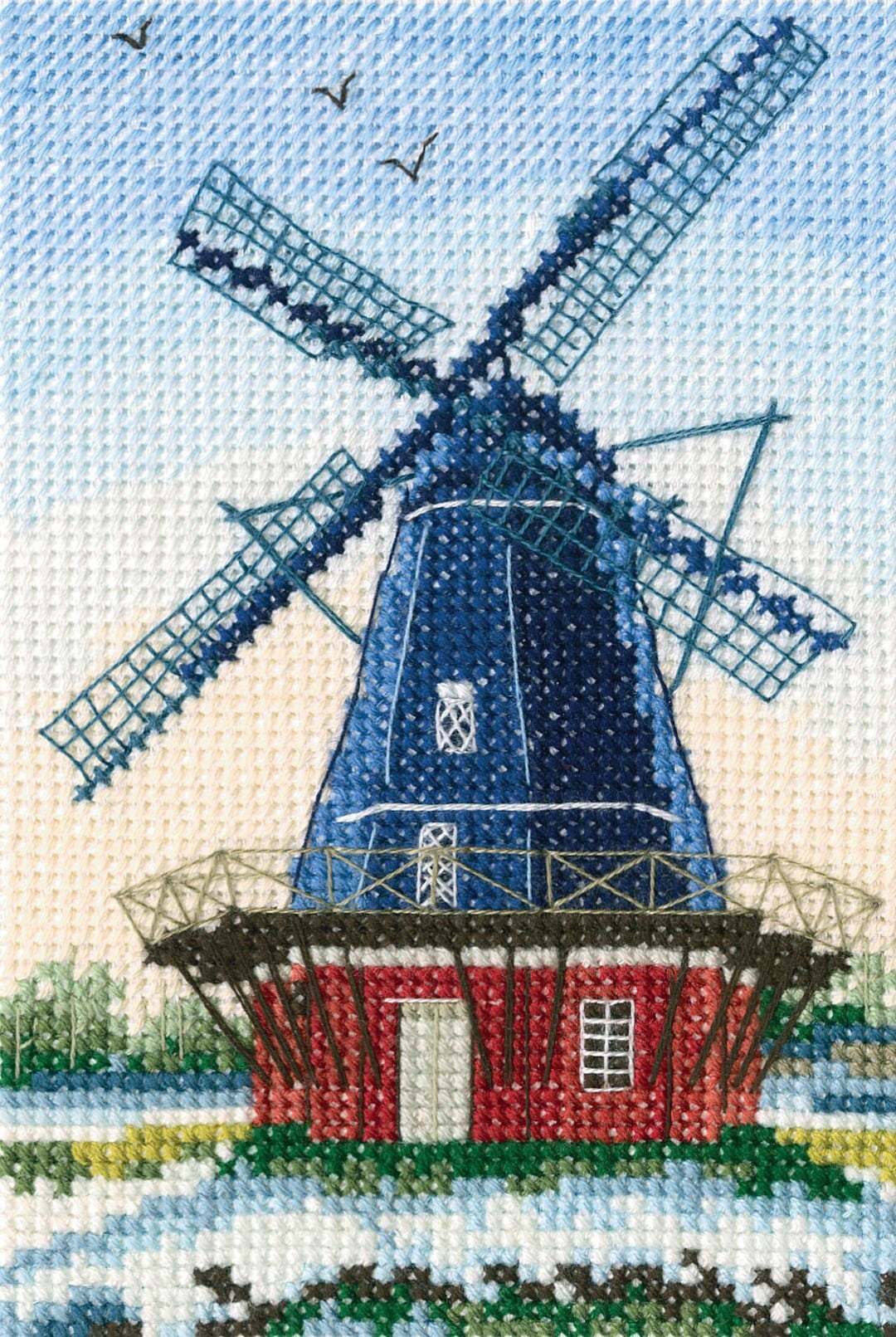 Blue Windmill Cross Stitch Kit. Field of Grass Cross Stitch Pattern on ...