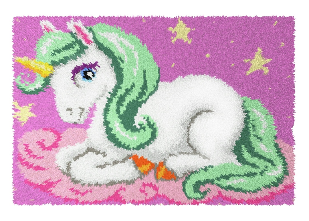 Latch Hook Rug Kit. Rainbow Unicorn With Stars. Printed Tapestry Canvas ...