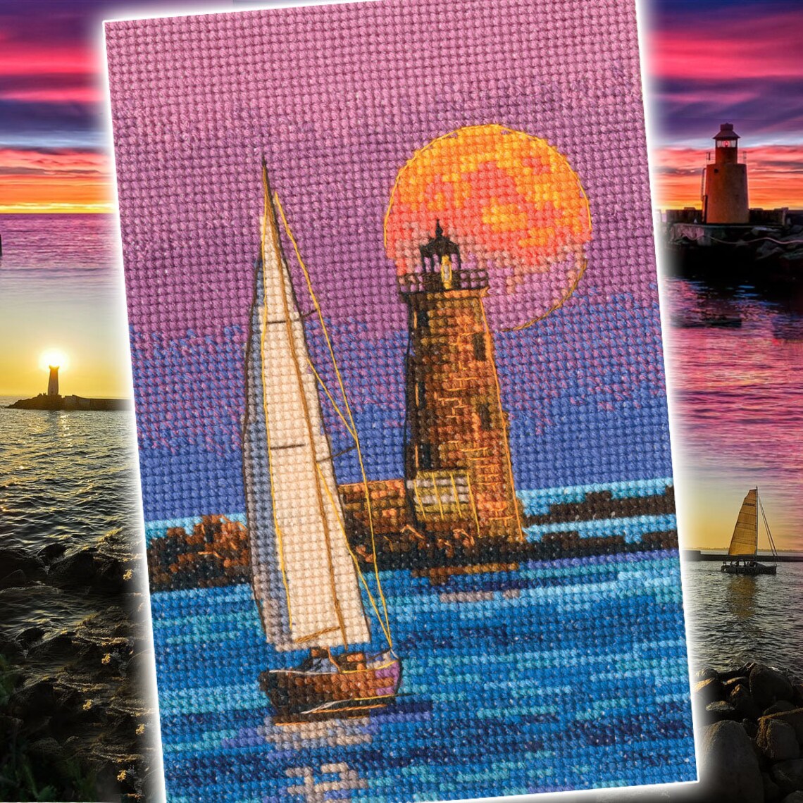Sailing Ship Sunset Cross-stitch Kit on Aida 16 Count Canvas ...