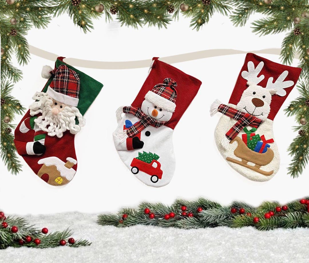 Christmas Stockings Holiday Decorations - Santa. Snowman. Reindeer ...