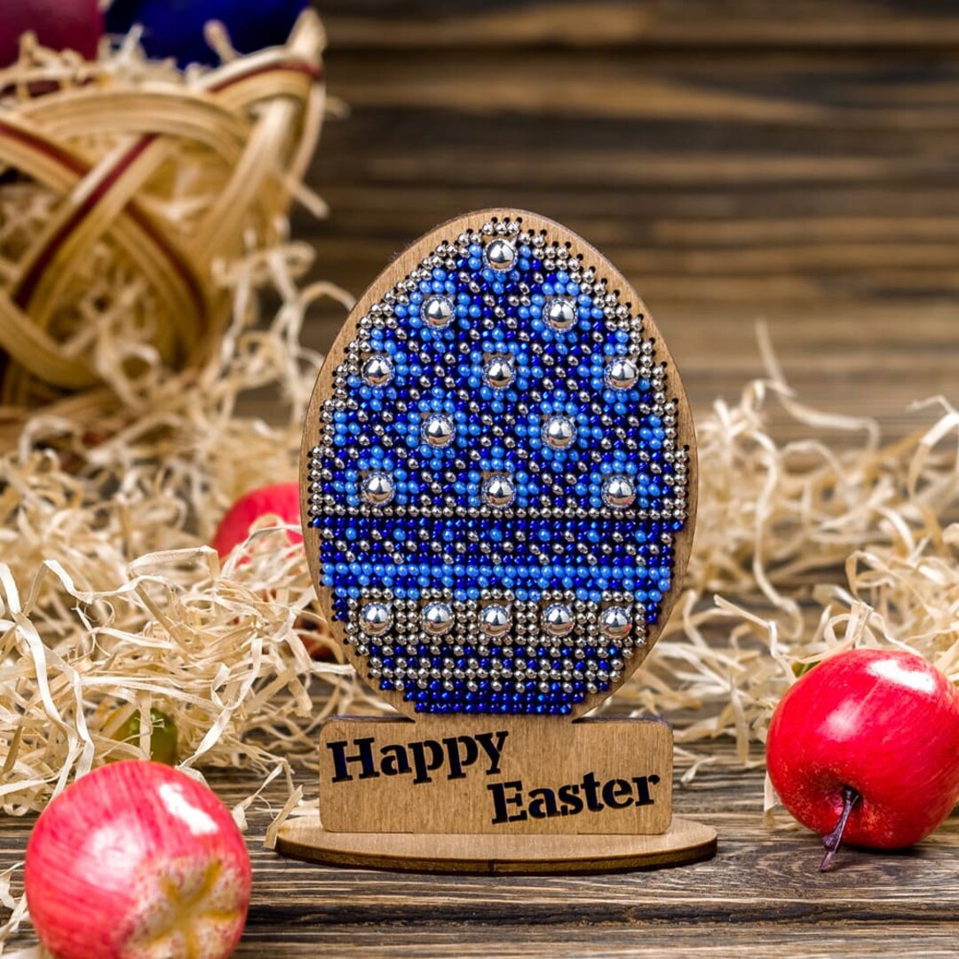 Bead Embroidery on Wood Kit - Blue Easter Egg Beading Embroidery Kit ...