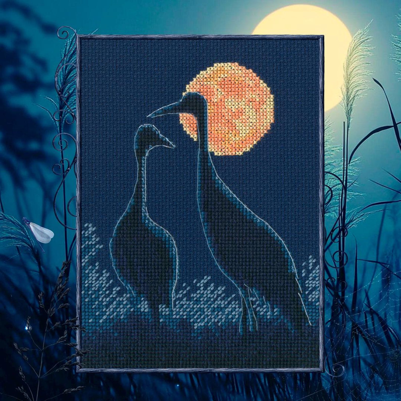 Counted Cross Stitch Kit – Full Moon. Cranes Under Moonlight Embroidery ...