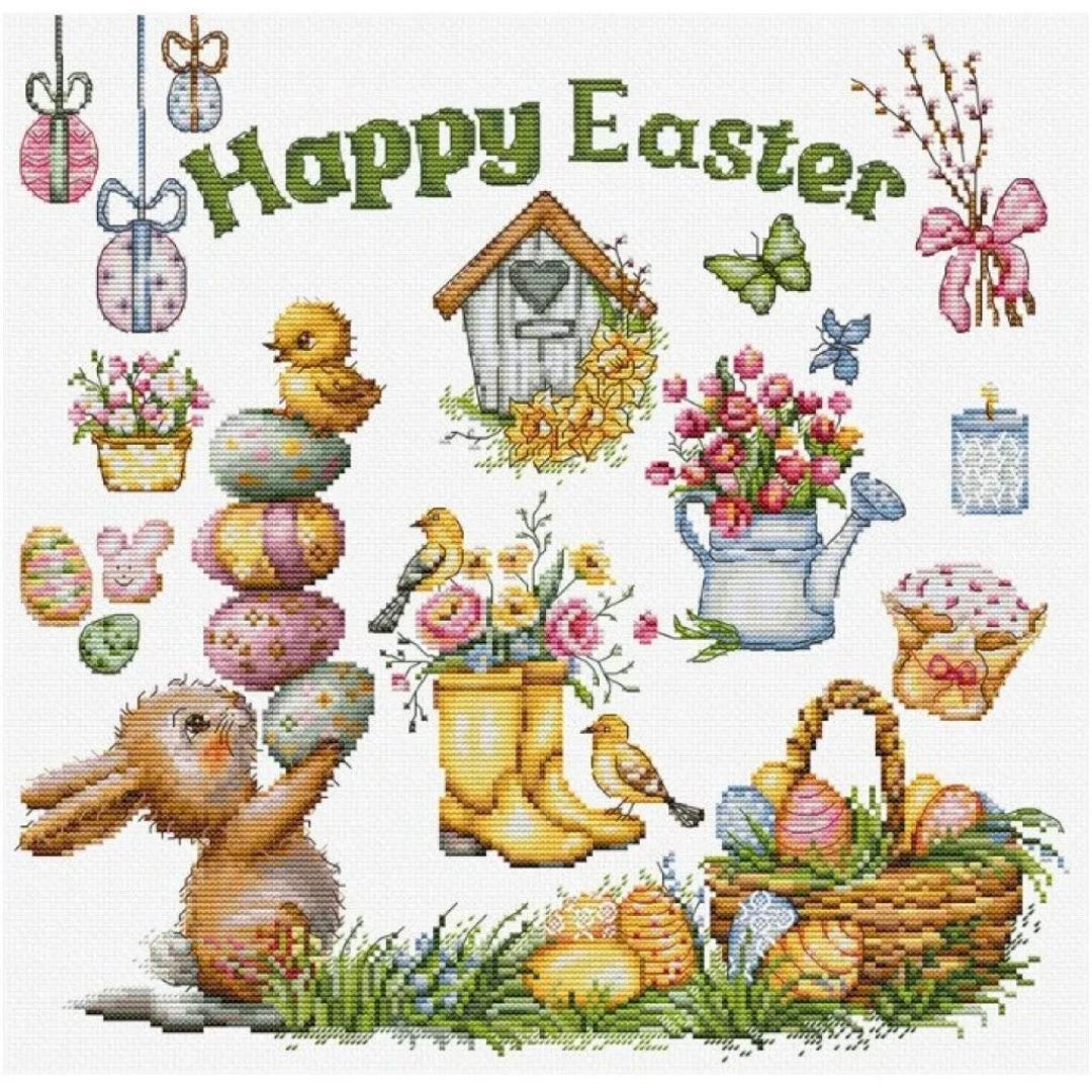 Happy Easter Counted Cross-stitch Kit – Cute Bunny, Eggs & Spring ...