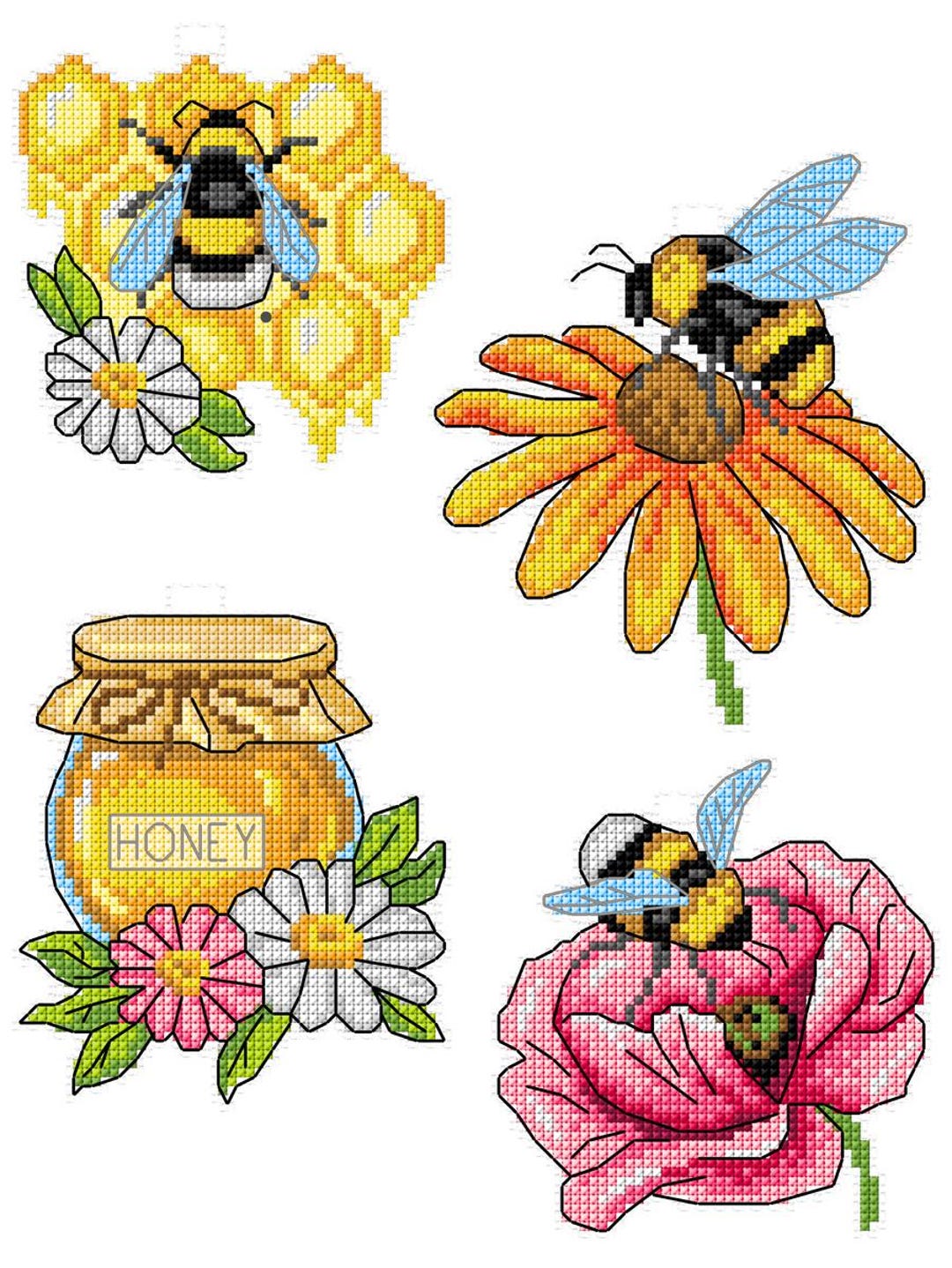 Bees Set of 4 Cross Stitch Patterns. Counted Embroidery Kit for ...