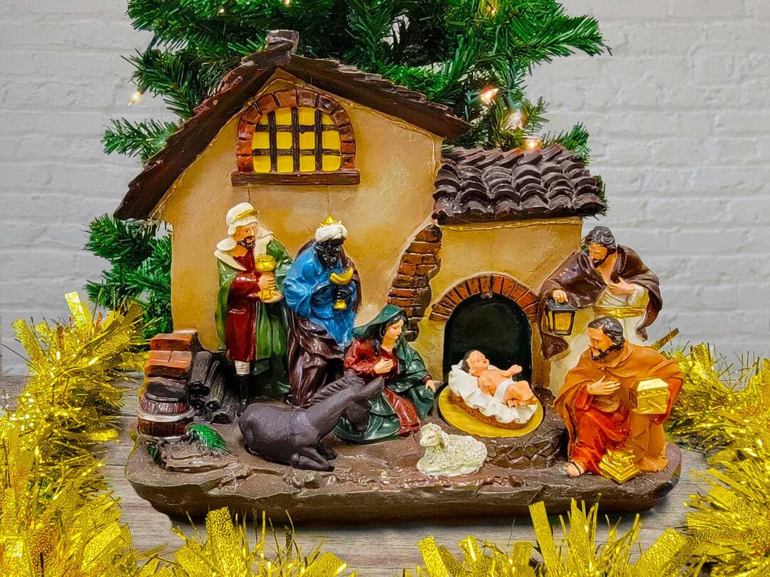 Nativity Scene With Holy Family and LED Lights. Classic Christmas ...
