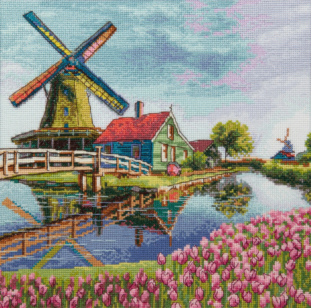 Dutch Windmill With River Cross Stitch Kit. Tulip Fields Cross Stitch ...