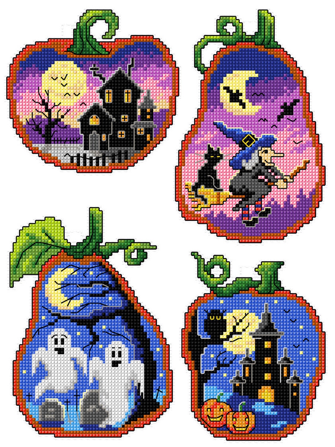Halloween Pumpkins - Witch, Ghost House Counted Cross-stitch 4 Patterns ...