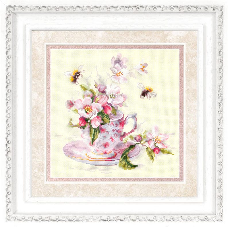 Counted Cross-stitch Kit – Cup and Apple Blossom. Floral Teacup With ...