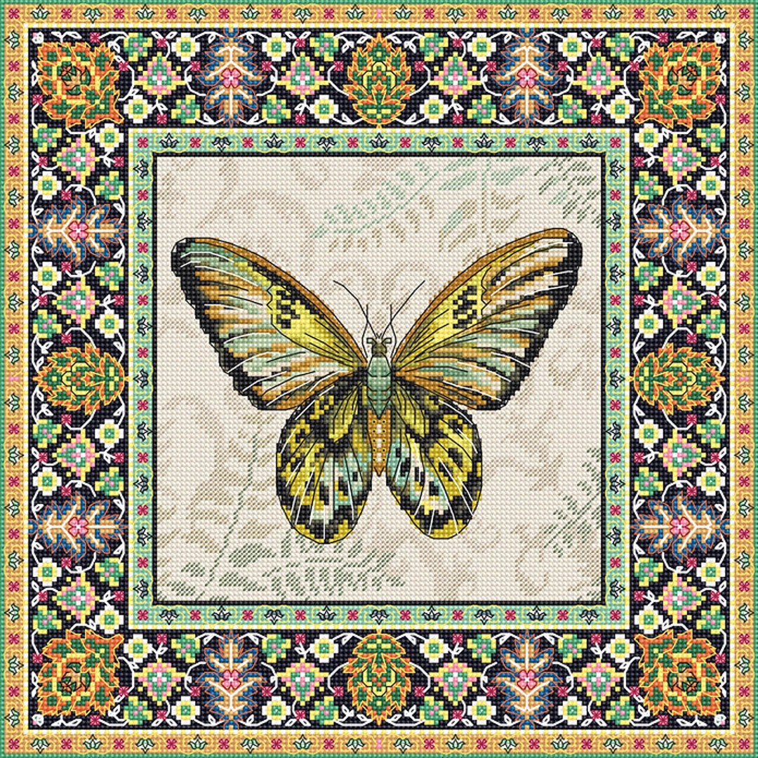 Yellow Butterfly Cross-stitch Kit on Aida 16 Count Canvas. Monochrome ...