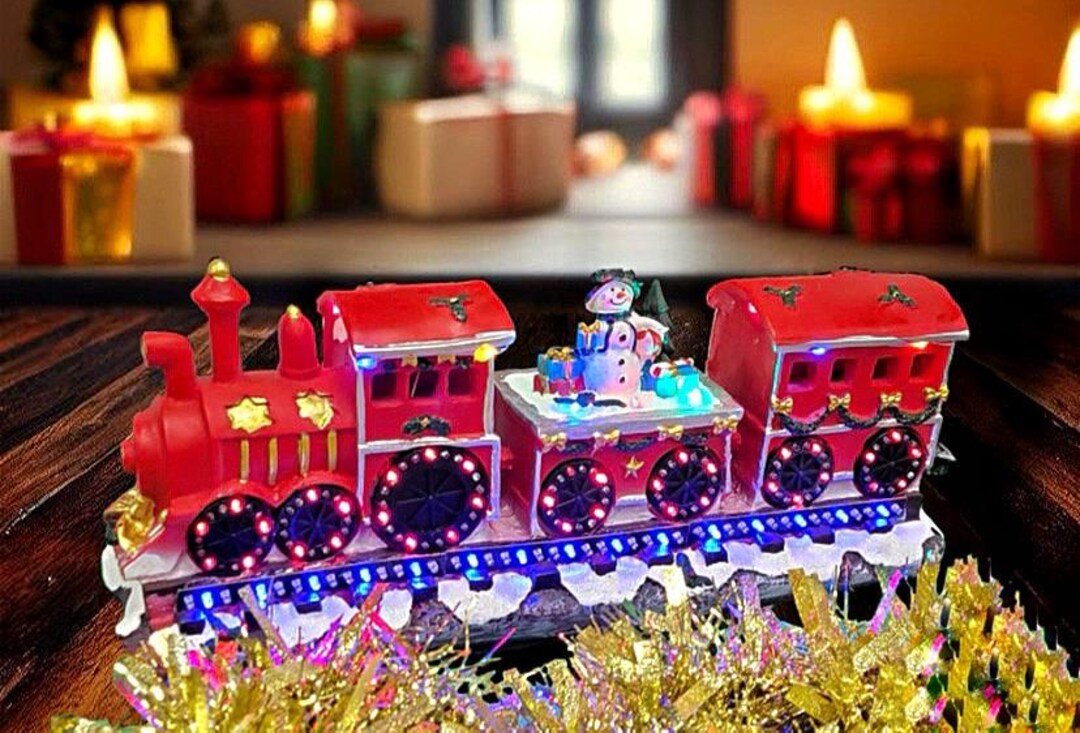 Christmas Train Scene With LED Lights and Music. Festive Red Train ...