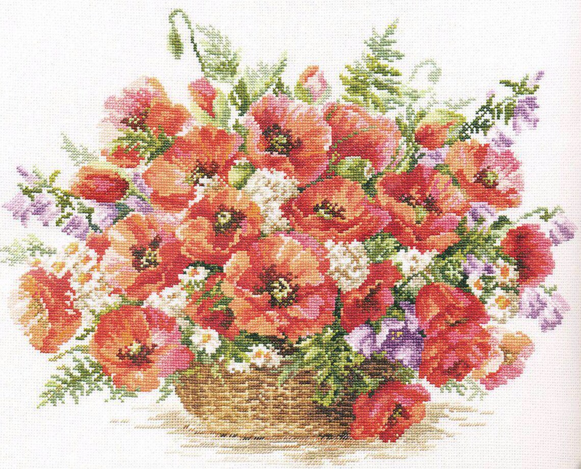 Poppy Basket Cross-stitch Kit on Aida 14 Count Canvas. Red - Etsy