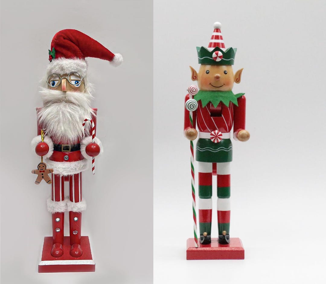 Set of 2 Christmas Nutcrackers - Santa and Elf Wooden Decorations for ...
