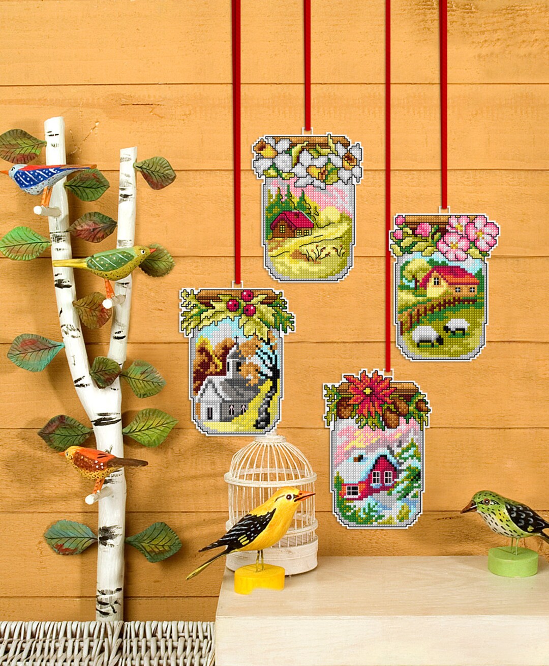DIY Bookmarks - Four Seasons Jars. Counted Cross-stitch on the Plastic ...