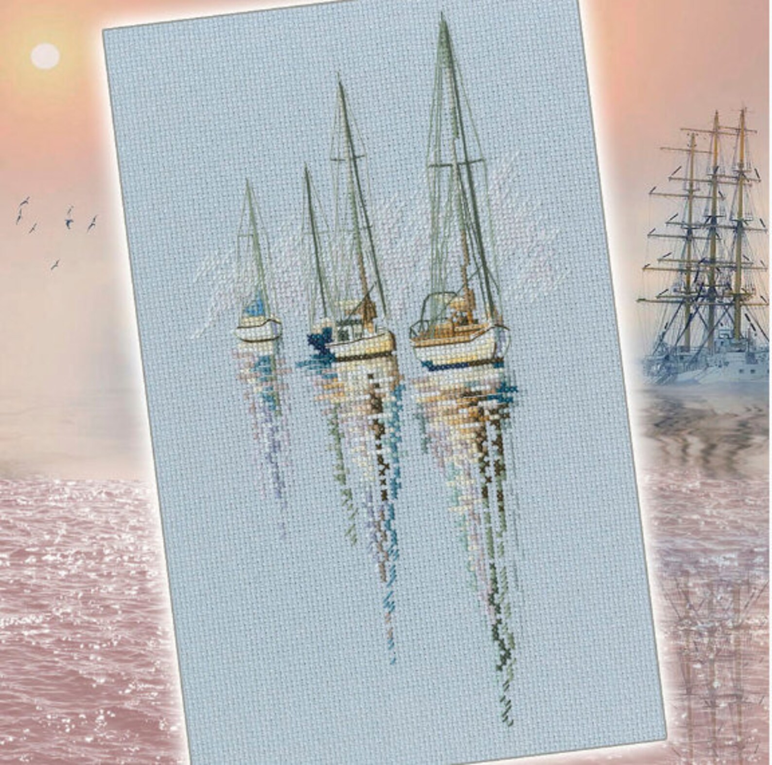 Sailing Ship Cross-stitch Kit on Aida 14 Count Canvas. Monochrome ...