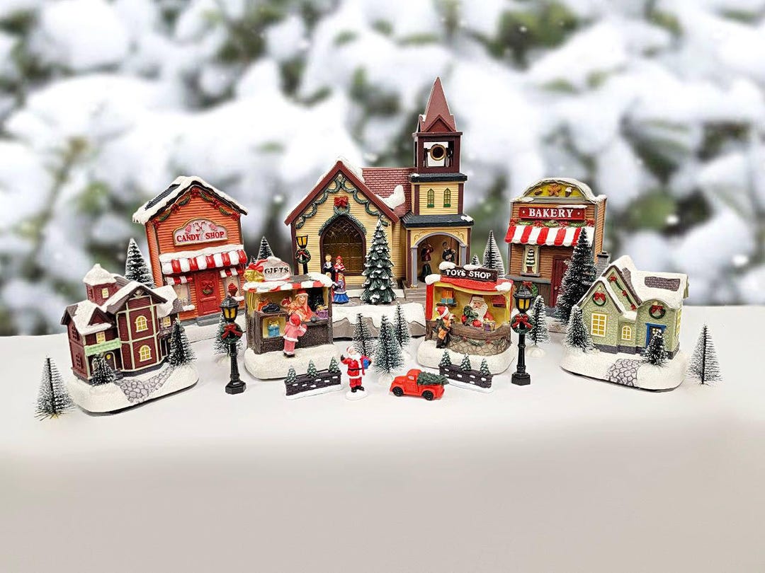 Snowy Church Village - Holiday Village Set With Classic Storefronts and ...
