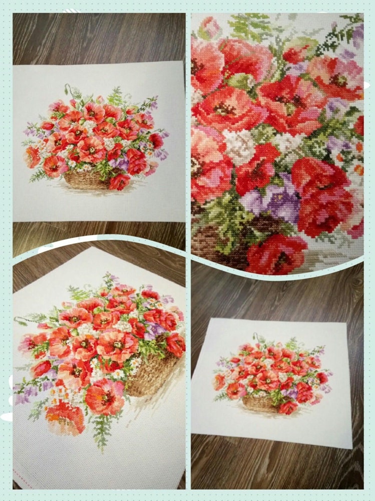 Poppy Basket Cross-stitch Kit on Aida 14 Count Canvas. Red - Etsy