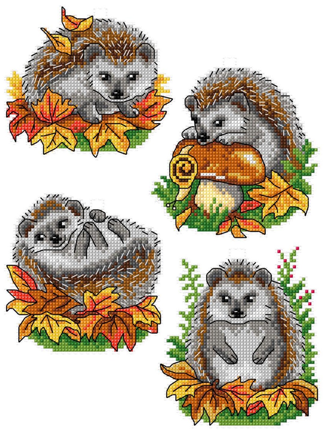 Hedgehogs Set of 4 Cross Stitch Patterns. Counted Embroidery Kit for ...